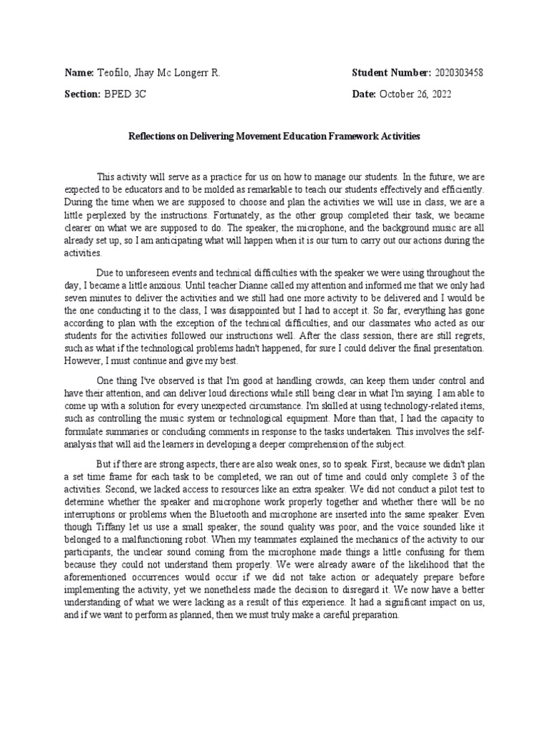 Reflections On Delivering Movement Education Framework Activities | PDF