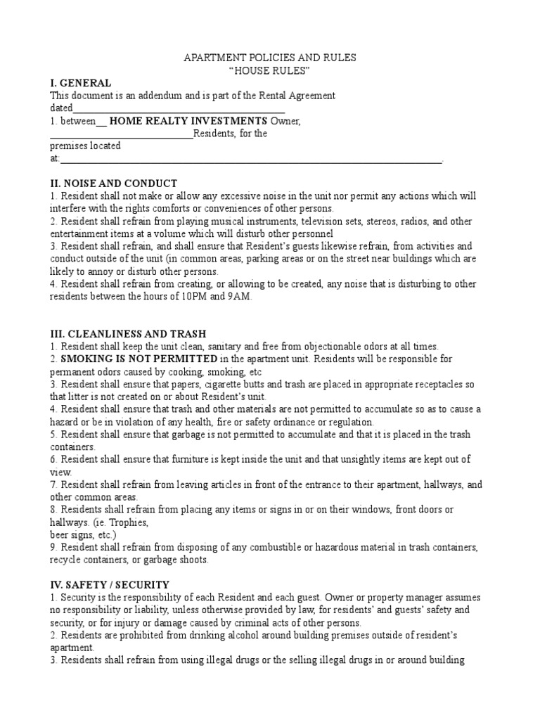 House Rules - Addendum | PDF | Lease | Property