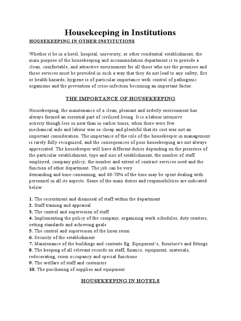 Housekeeping in Other Institutions | PDF | Dormitory | Housekeeping