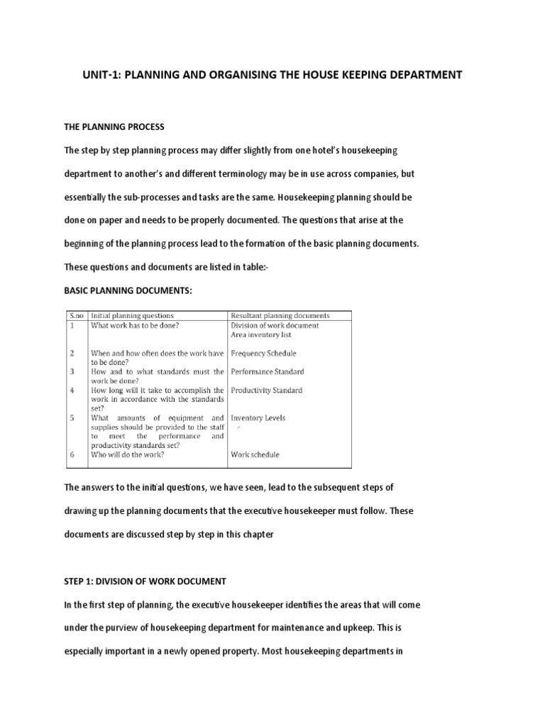 PLANNING HOUSEKEEPING DEPARTMENT | PDF | Inventory | Housekeeping