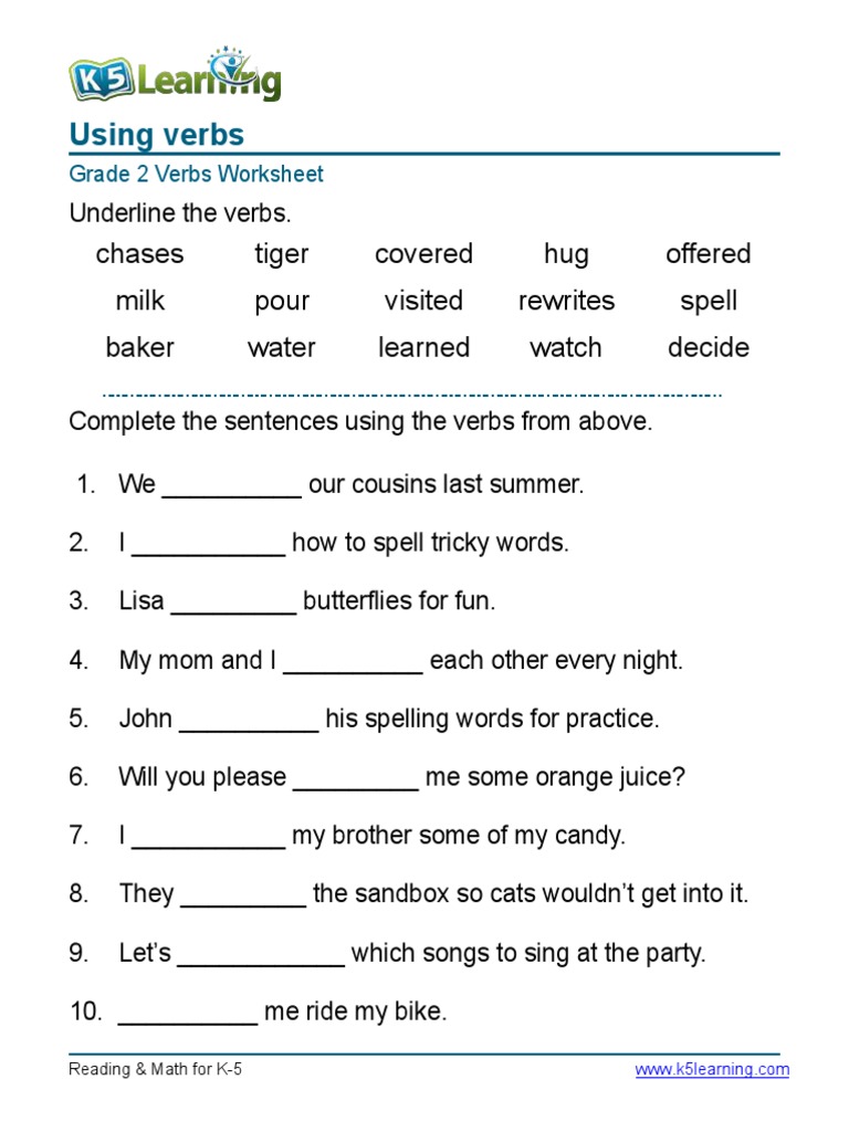 Grammar Worksheet Grade 2 Verbs Sentences 2 | PDF