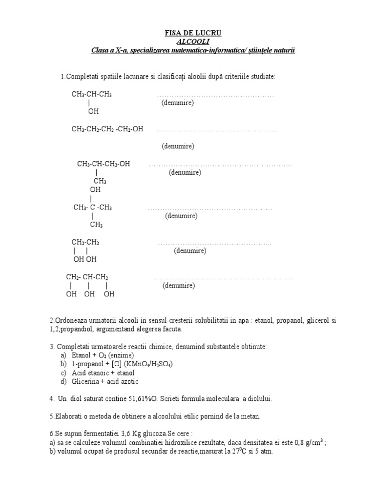 Fisa de Lucru Alcooli | PDF