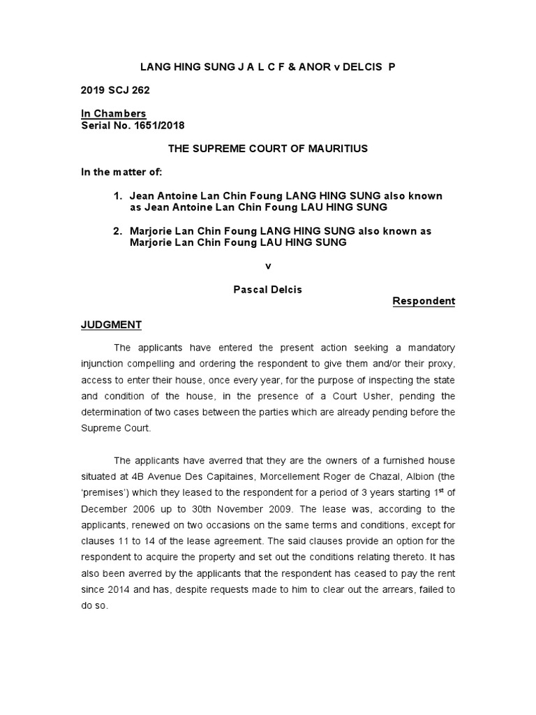 Lang Hing Sung v Delcis: Mandatory Injunction | PDF | Lease | Common Law
