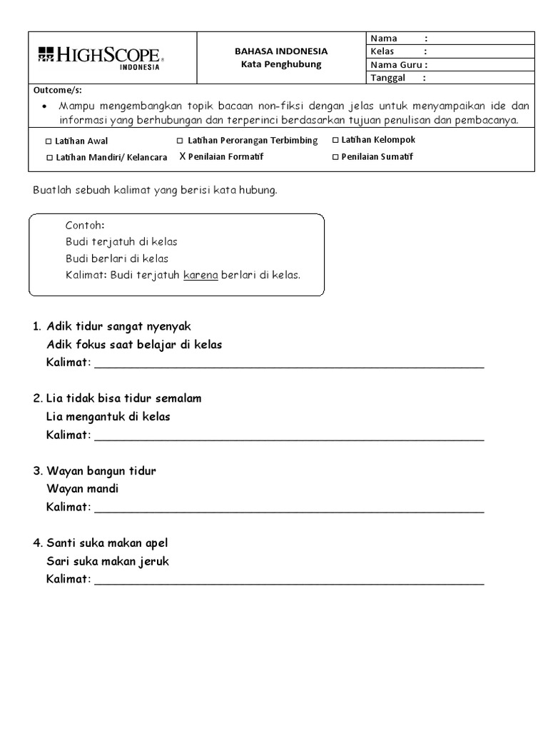 Kata Penghubung Worksheet | PDF