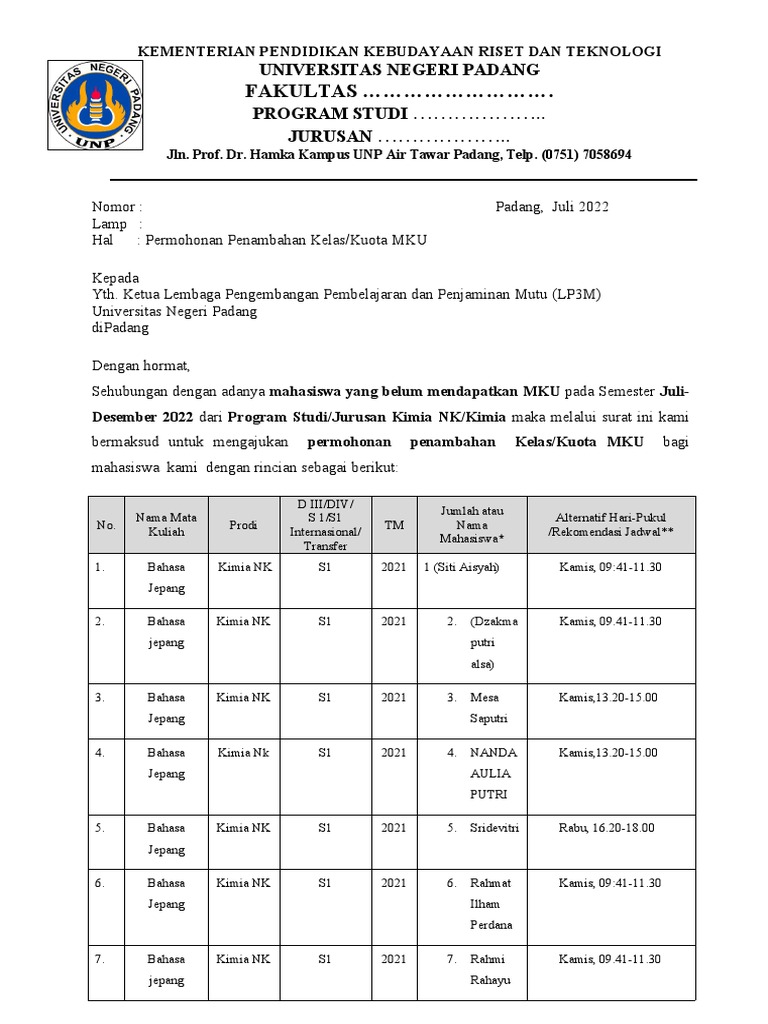 Template Permohonan Penambahan Kelas Atau Kuota MKU-5 | PDF