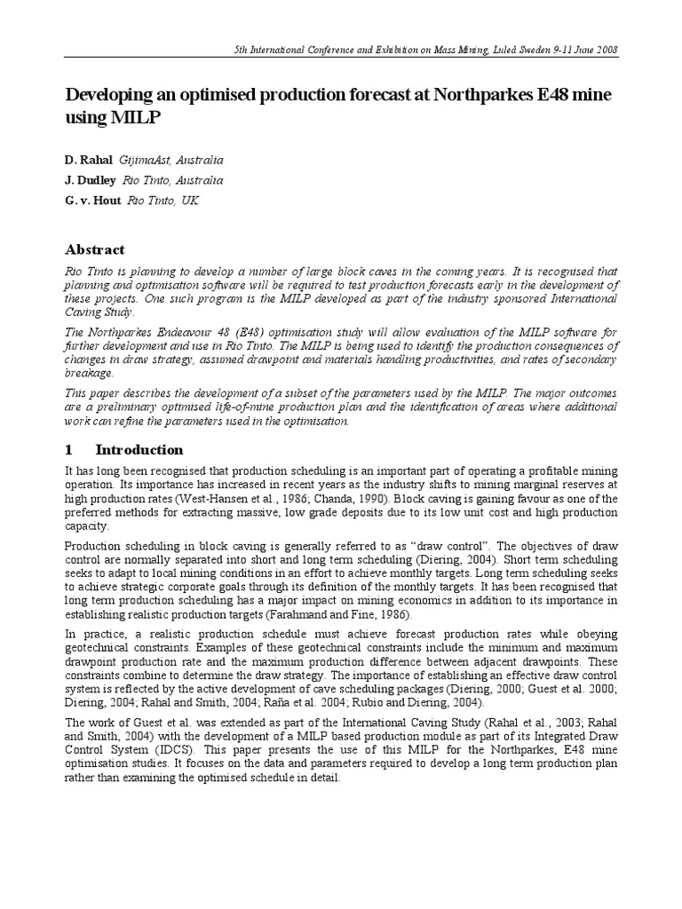 2008 Developing An Optimised Production Forecast at Northparkes E48 Mine Using MILP - Rahal Et ...