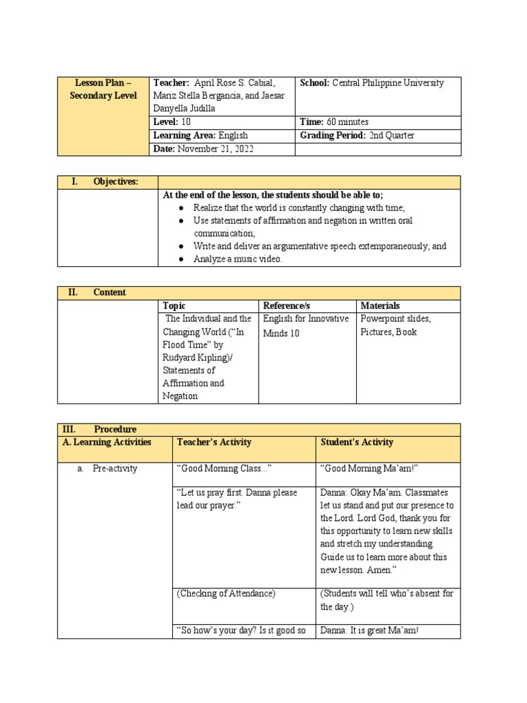 Lesson Plan Grade 10 | PDF