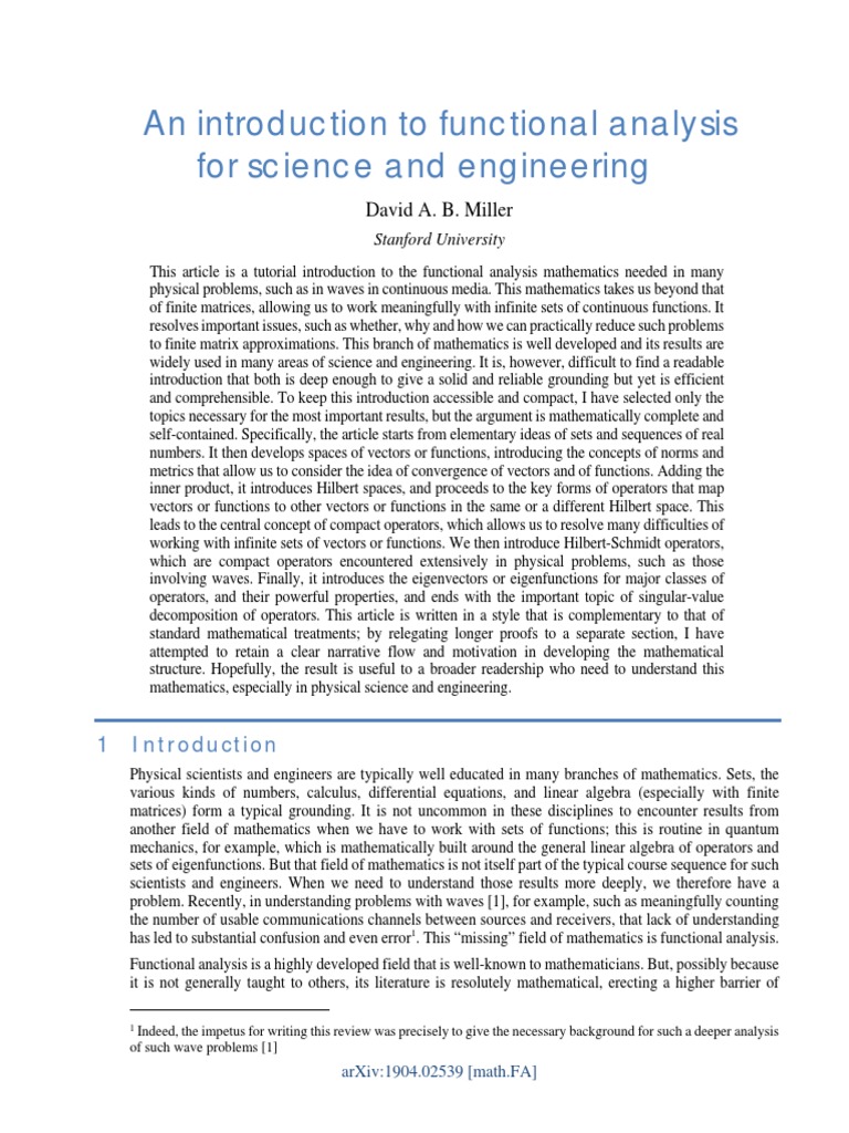 An Introduction To Functional Analysis For Science and Engineering ...