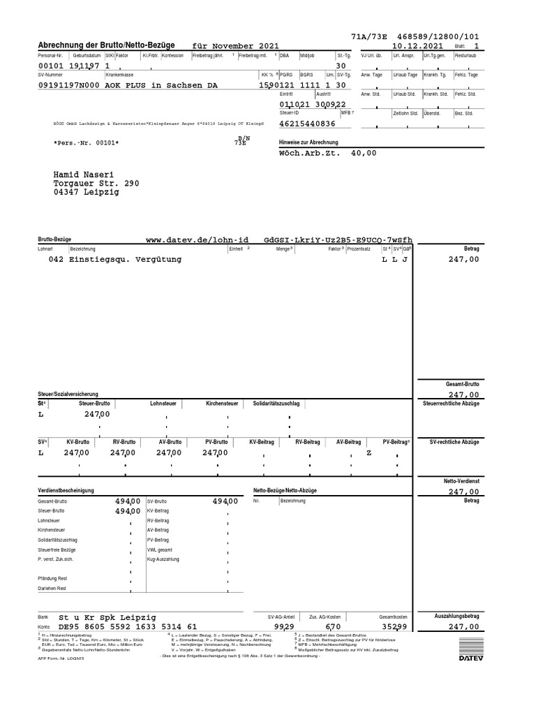 Brutto Netto Abrechnung November 2021 | PDF