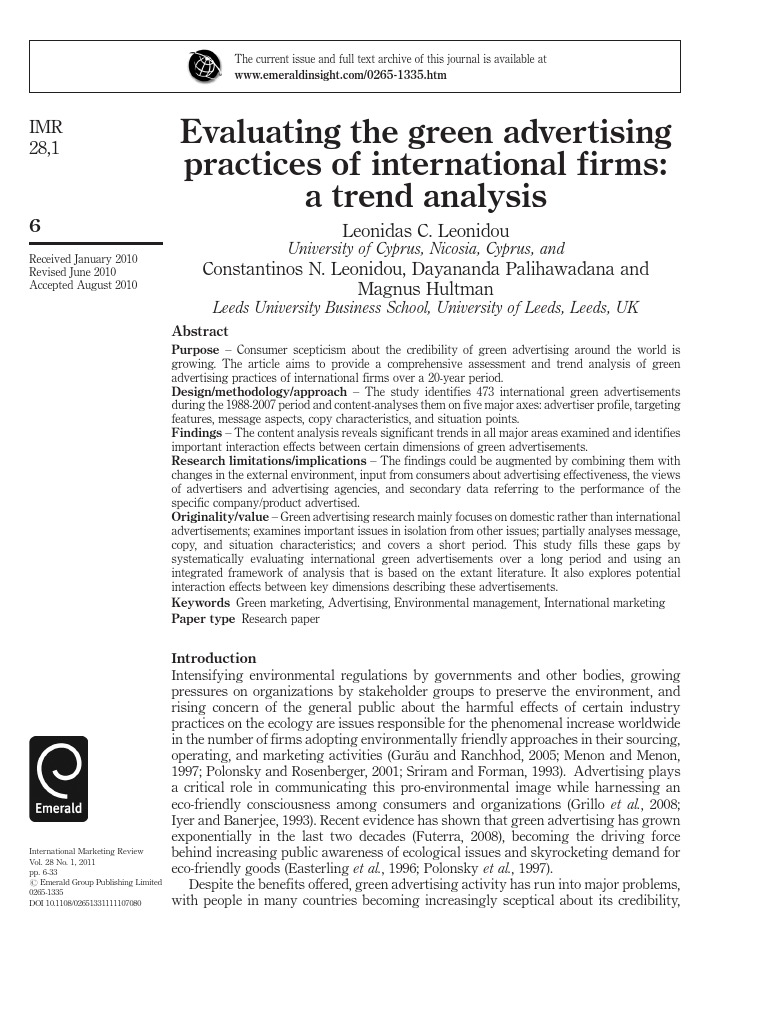 Evaluating The Green Advertising Practices of International Firms - A Trend Analysis | PDF ...
