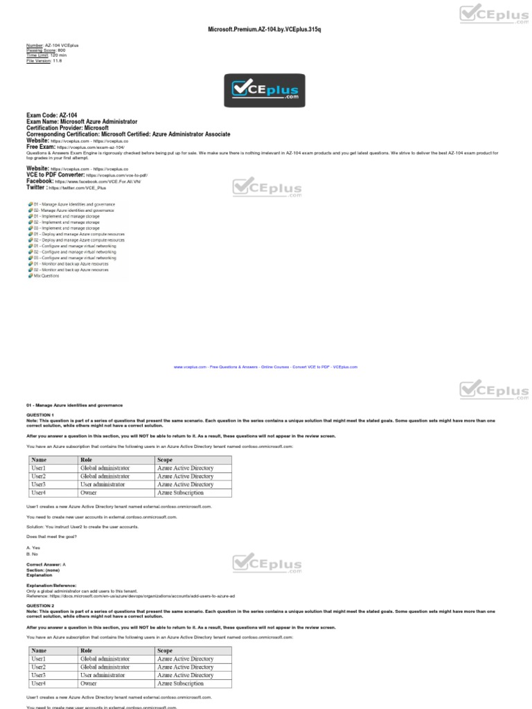 Microsoft Azure Administrator Associate Az 104 Exam With Answer | Download Free PDF | Active ...
