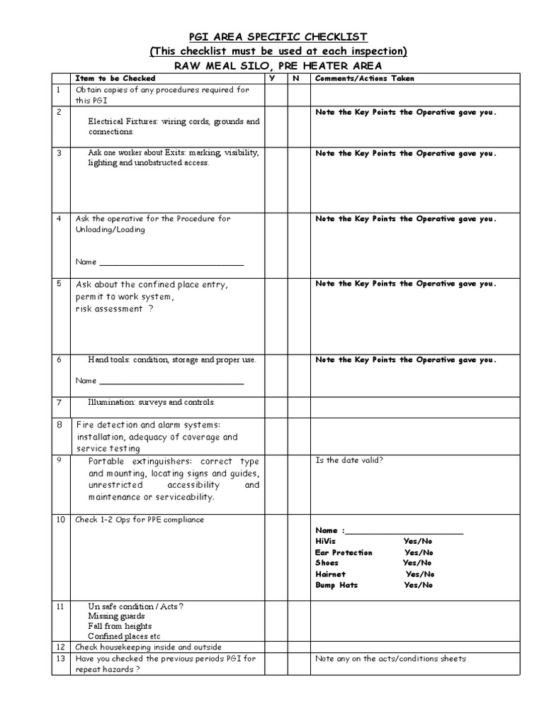 Pgi Raw Meal Silo Preheater Area Specific Checklist | PDF | Technology & Engineering