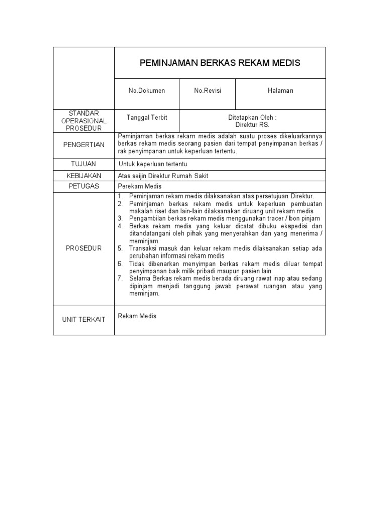 Sop Peminjaman Berkas Rekam Medis | PDF