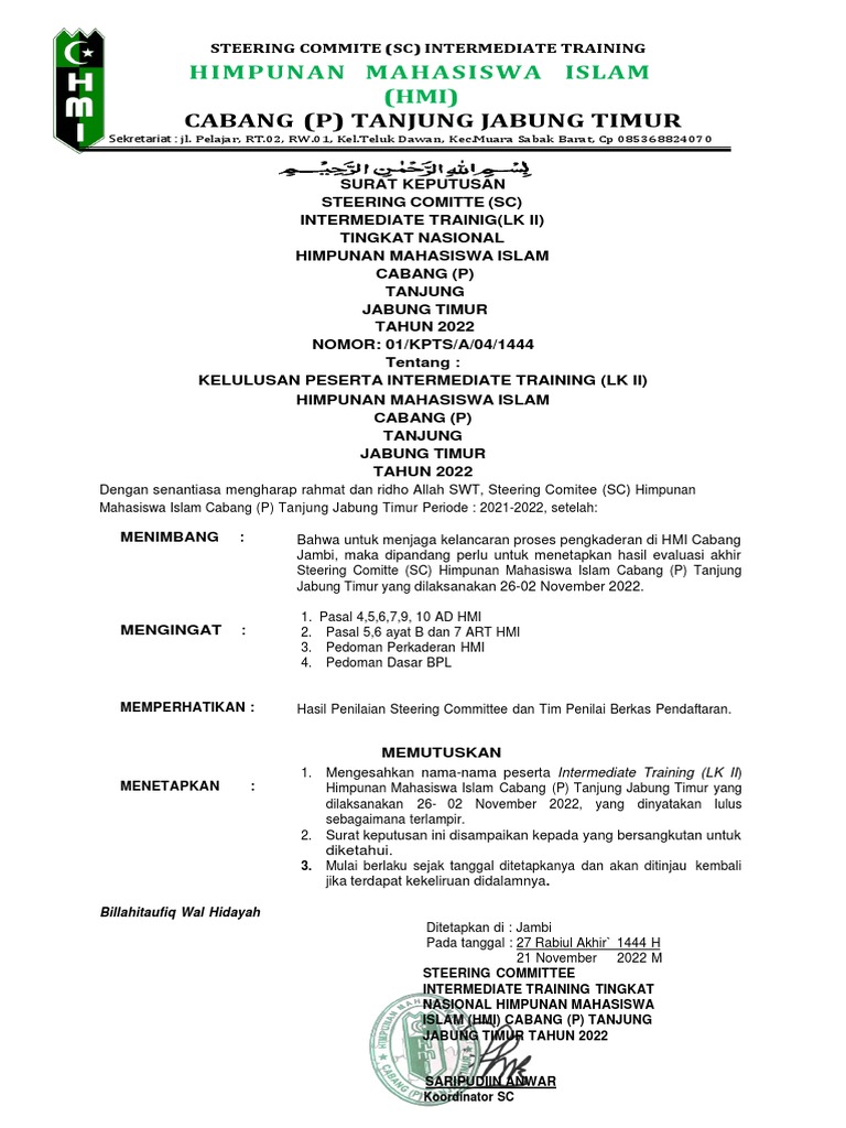 SK Kelulusan LK 2 Hmi Cabang Tanjabtim | PDF
