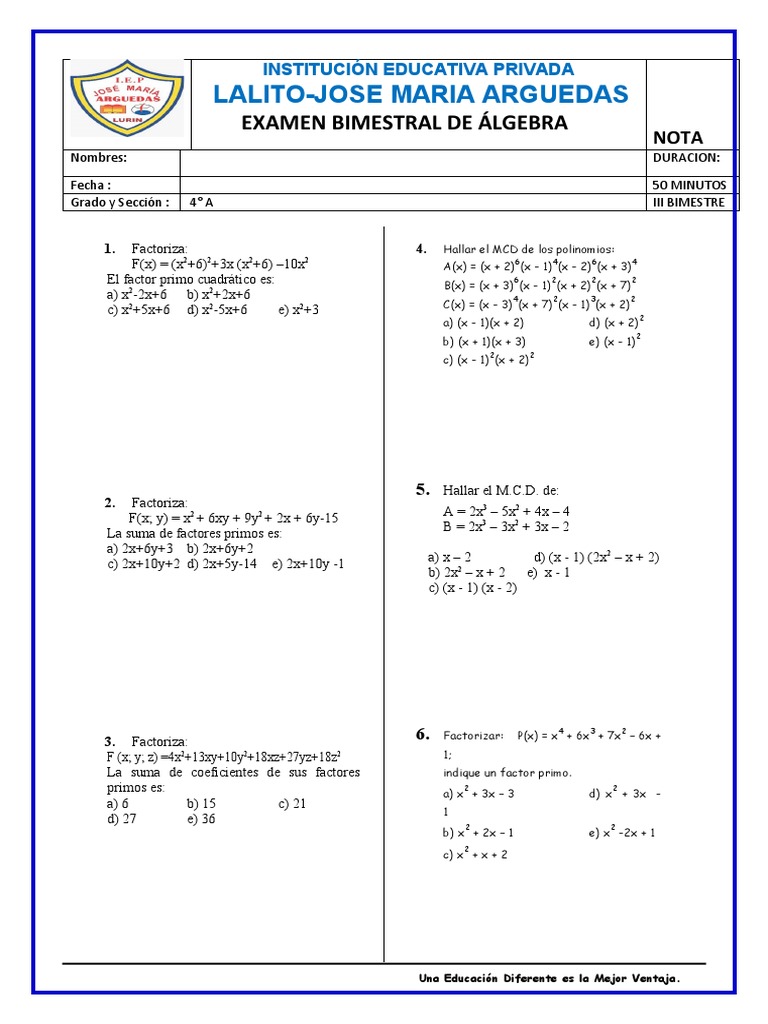 Examen de Algebra 4 t0 III Bim | PDF | Factorización | Álgebra