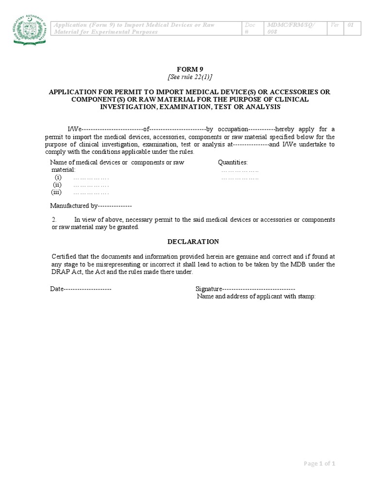 Application Form 9 To Import Medical Devices or Raw Material For Experimental Purposes | PDF ...
