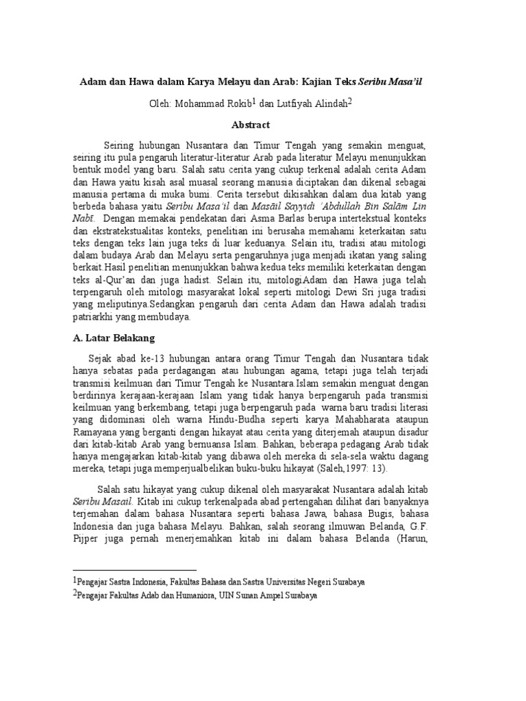 Adam dan Hawa: Kajian Teks Melayu-Arab | PDF | Ilmu Sosial | Agama ...
