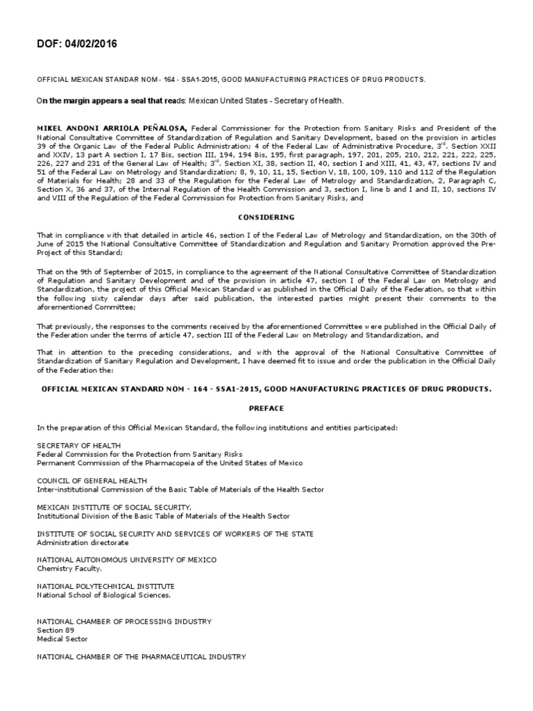 NOM 164 SSA1 2015 APIs GMP | PDF | Audit | Specification (Technical ...
