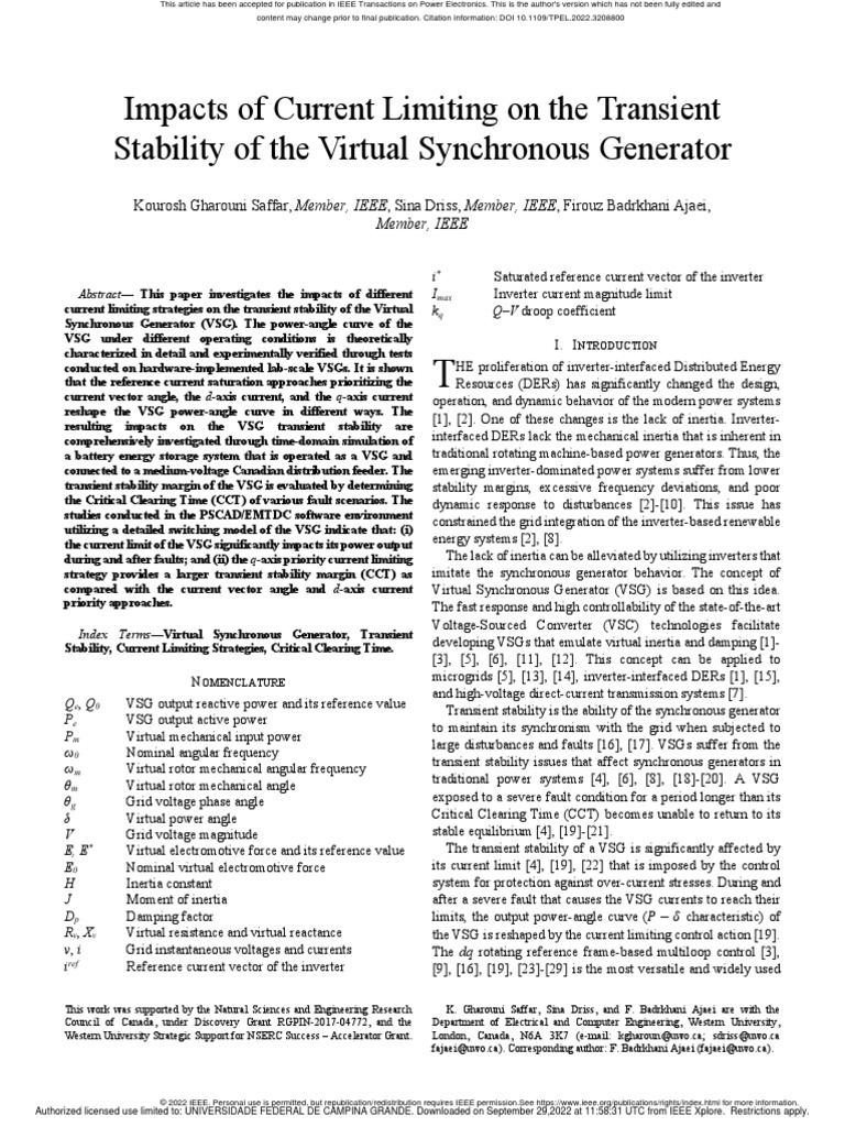 Impacts of Current Limiting On The Transient Stability of The Virtual Synchronous Generator ...