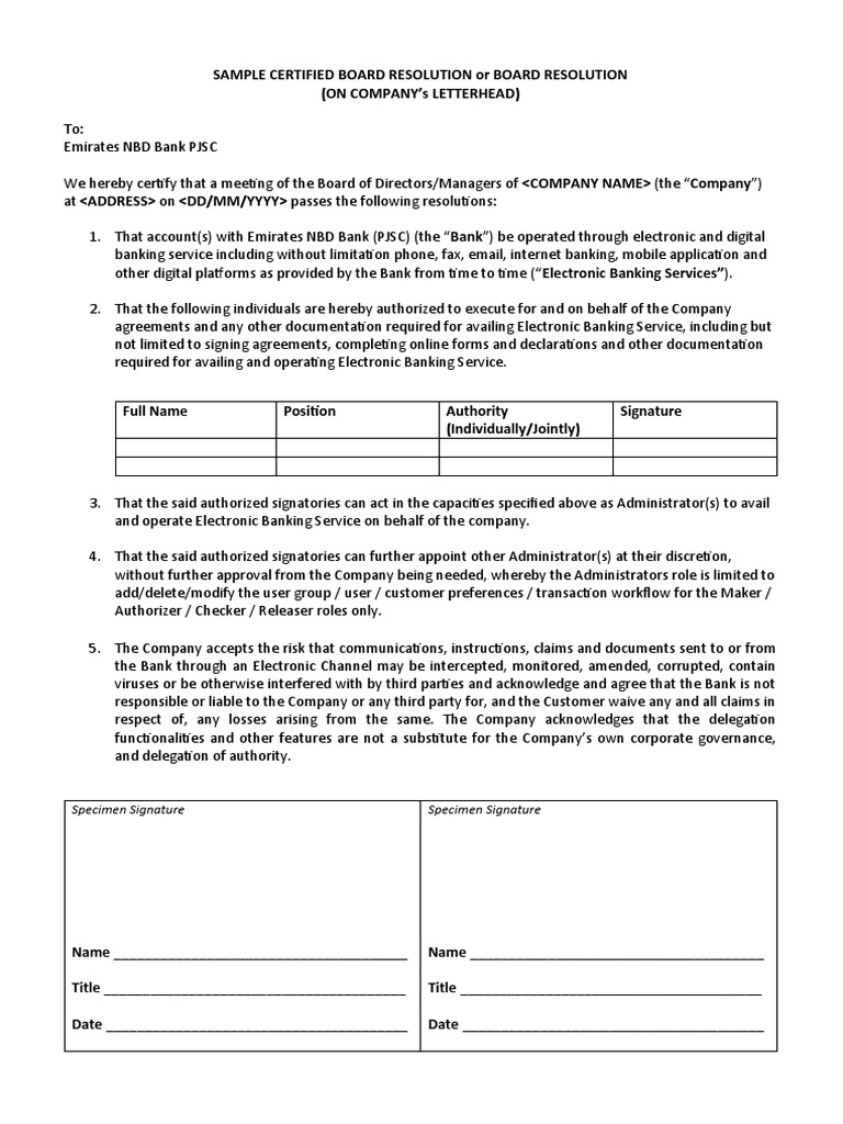Sample Certified Board Resolution | PDF