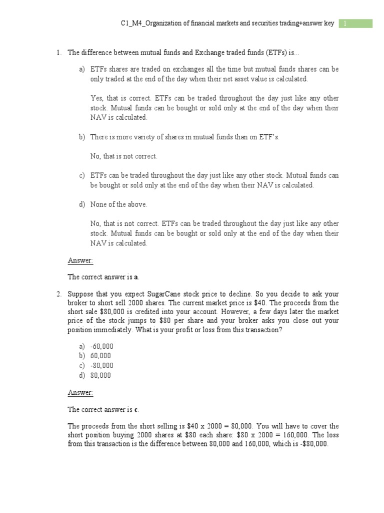 C1 - M4 - Organization of Financial Markets and Securities Trading - Answer Key | PDF | Margin ...