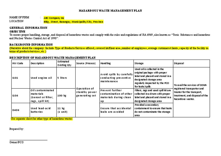 Template - Description of Existing Waste Management Plan | PDF