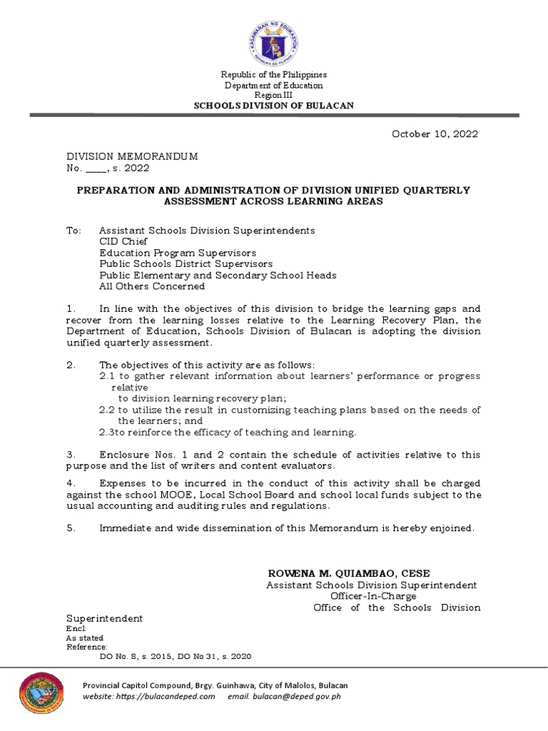 Memo 2022 Unified Quarterly Examination v2.10.12.22 | PDF