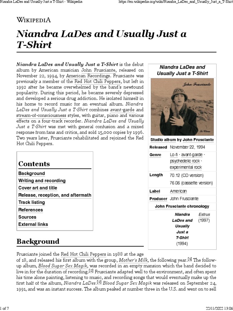Niandra LaDes and Usually Just A T-Shirt - Wikipedia | PDF | Albums | Rock Music