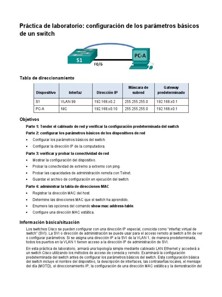 2.1.1.6 Lab Estudiante - Conf Parametros Basicos Switch | PDF | Dirección IP | Conmutador de red
