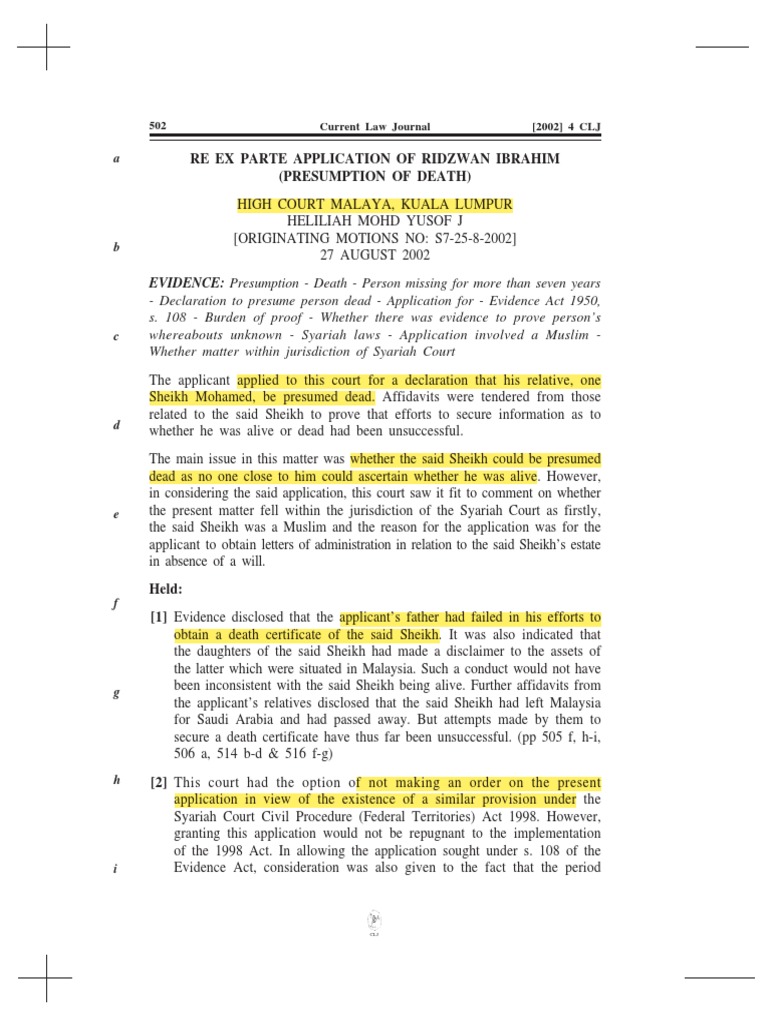 Re Ex Parte Application of Ridzwan Ibrahim (Presumption of Death) (2002 ...
