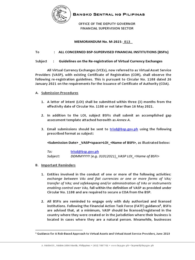 MEMORANDUM No. M-2021 - : Trisd@bsp - Gov.ph | PDF | Risk | Due Diligence