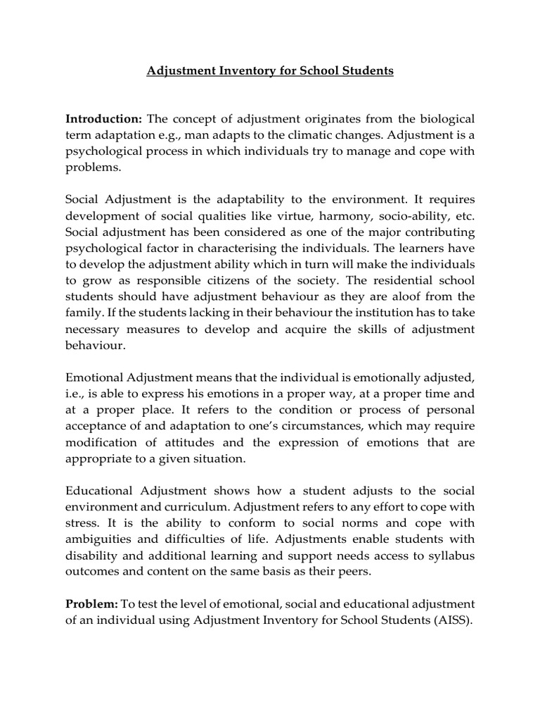 Adjustment Inventory For School Students - PSYCHOLOGY | PDF | Learning ...