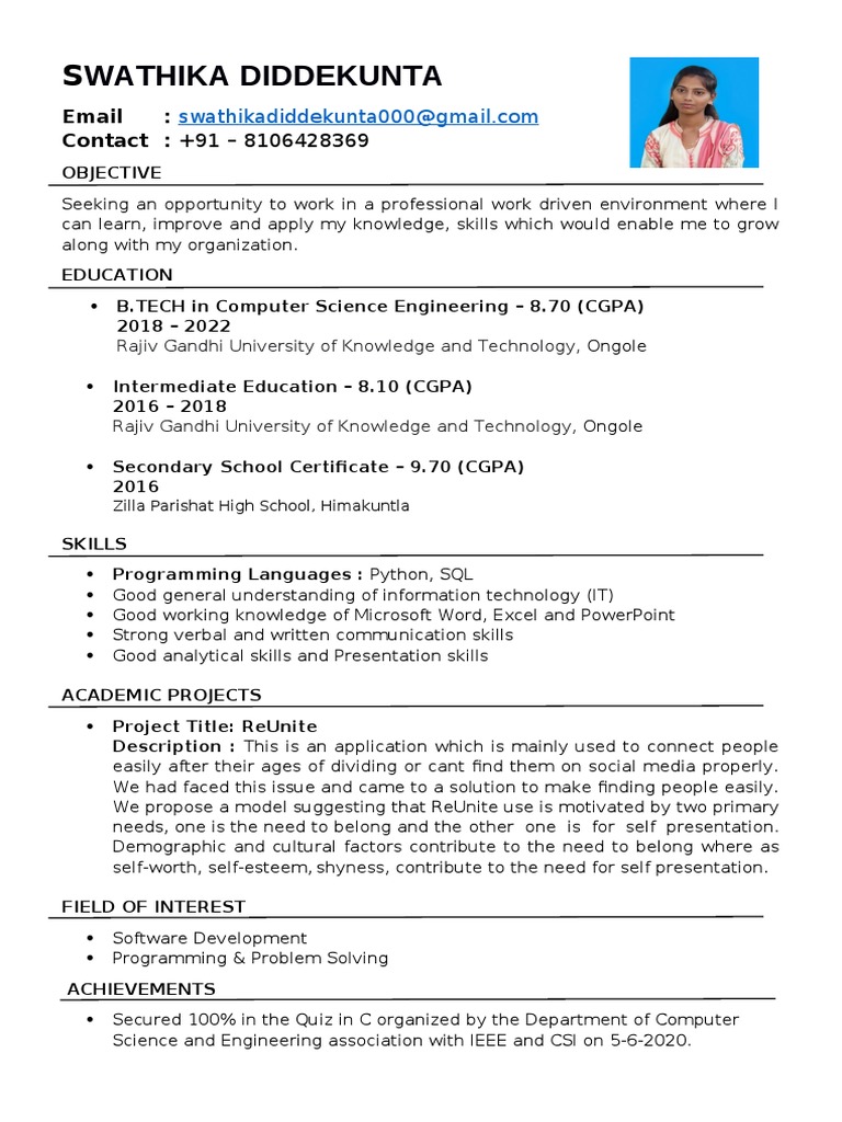 Swathika Resume | PDF | Self Esteem | Knowledge