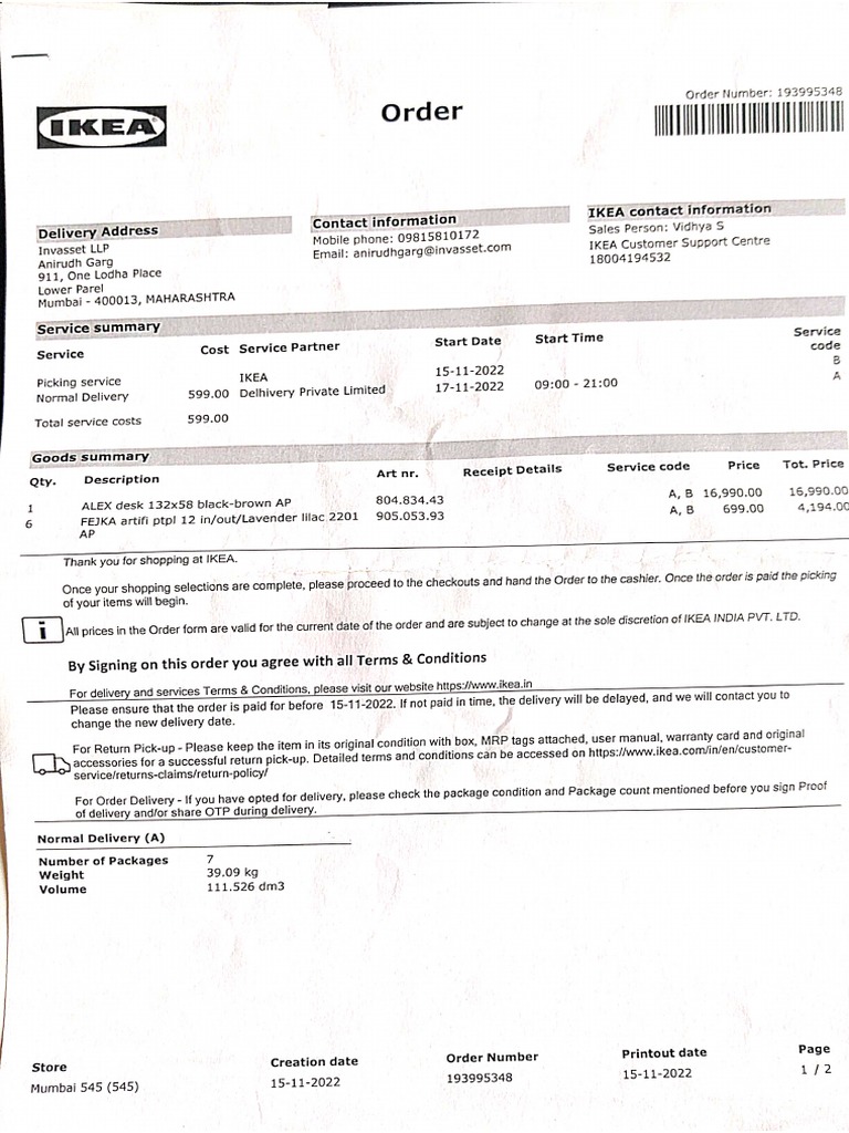 Ikea Invoice As On 16th Nov 2022 | PDF