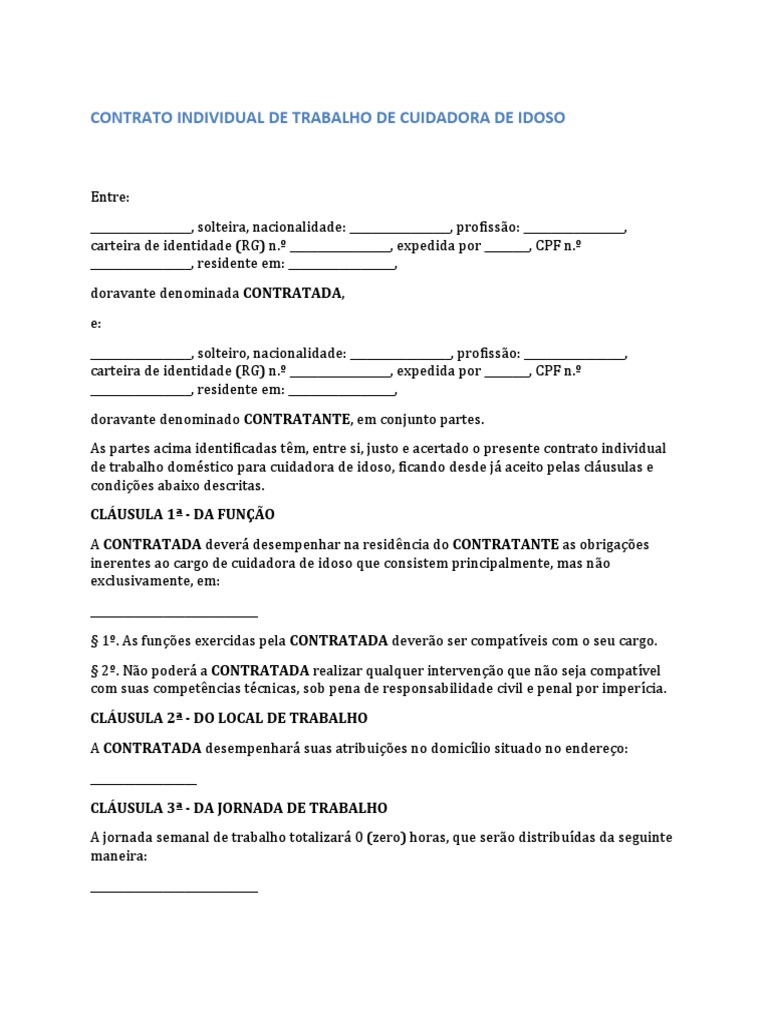 Modelo de Contrato de Cuidador de Idoso Simples para Word para ... Modelo de Contrato de Cuidador de Idoso Simples para Word para ...