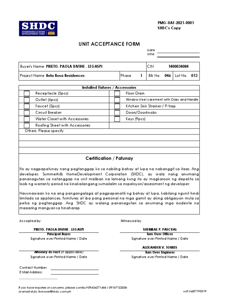 Unit Acceptance Form | PDF | Building Engineering | Building Materials