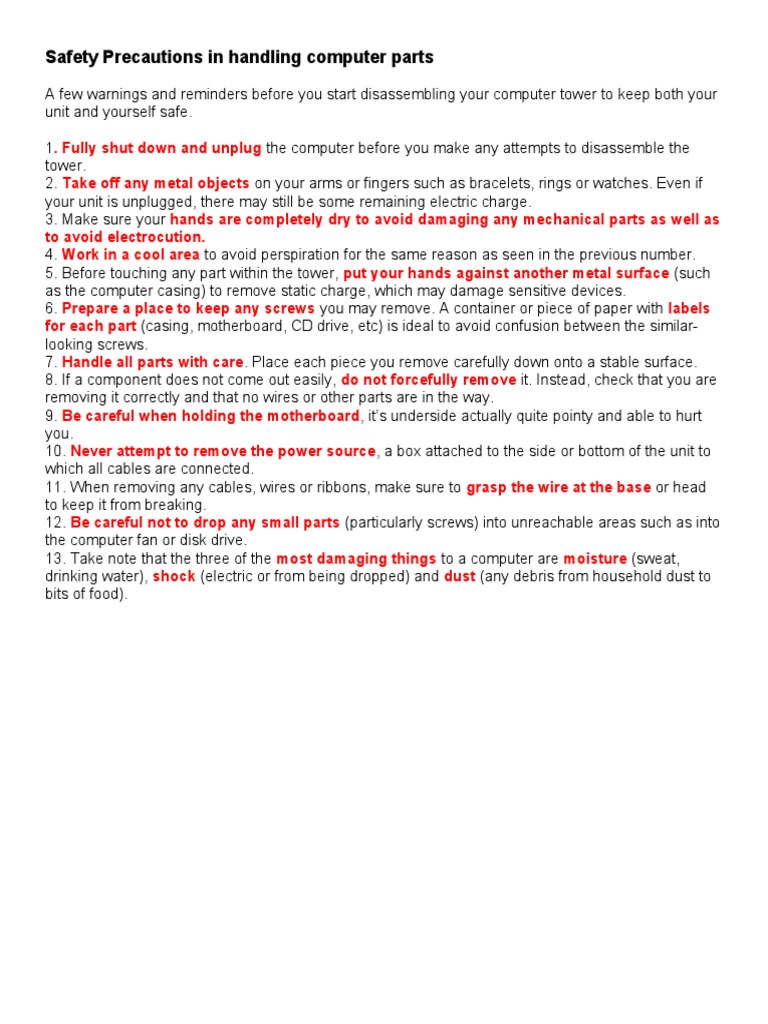 Safety Precautions in Handling Computer Parts | PDF Safety Precautions in Handling Computer Parts | PDF
