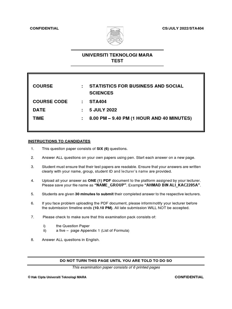 Sta404 Test (5 July 2022) | PDF | Teaching Methods & Materials