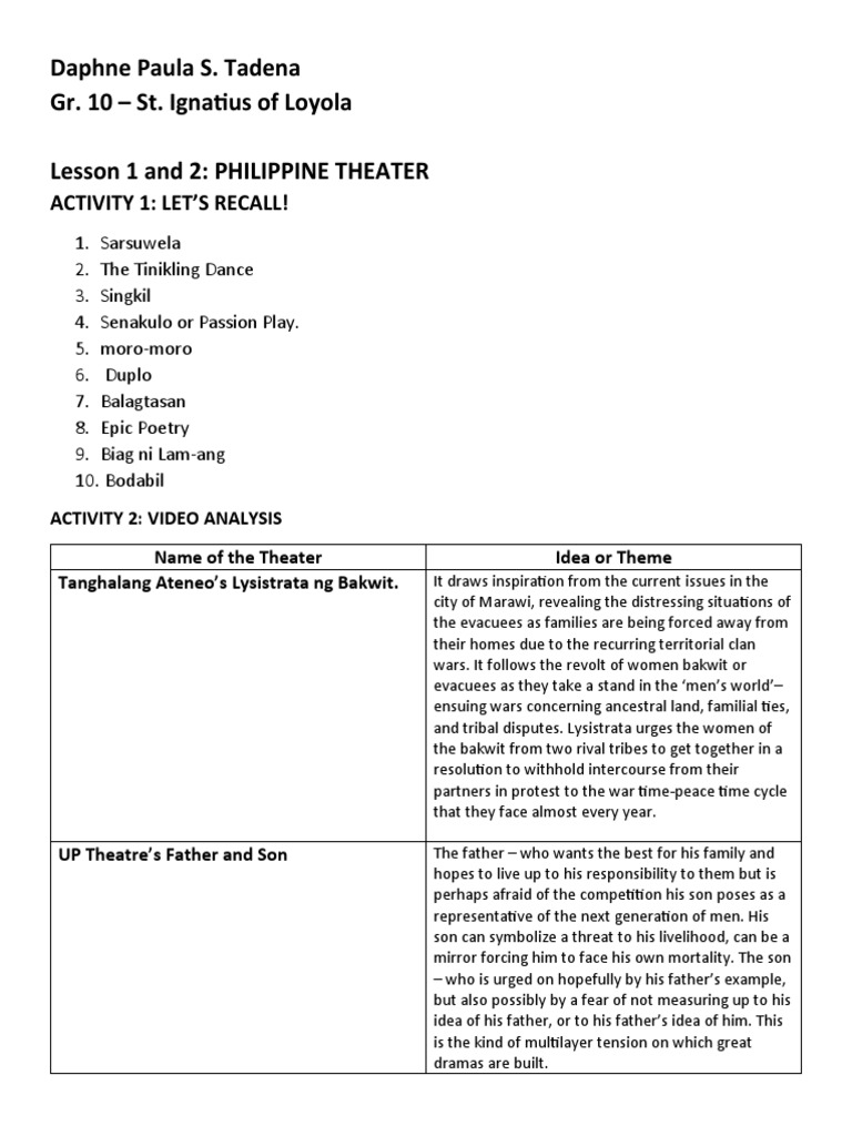 Exploring Philippine Theater in MAPEH 10 | PDF | Play (Theatre) | Theatre