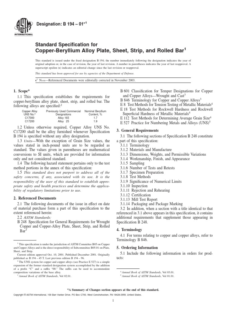 Copper-Beryllium Alloy Plate, Sheet, Strip, and Rolled Bar: Standard ...