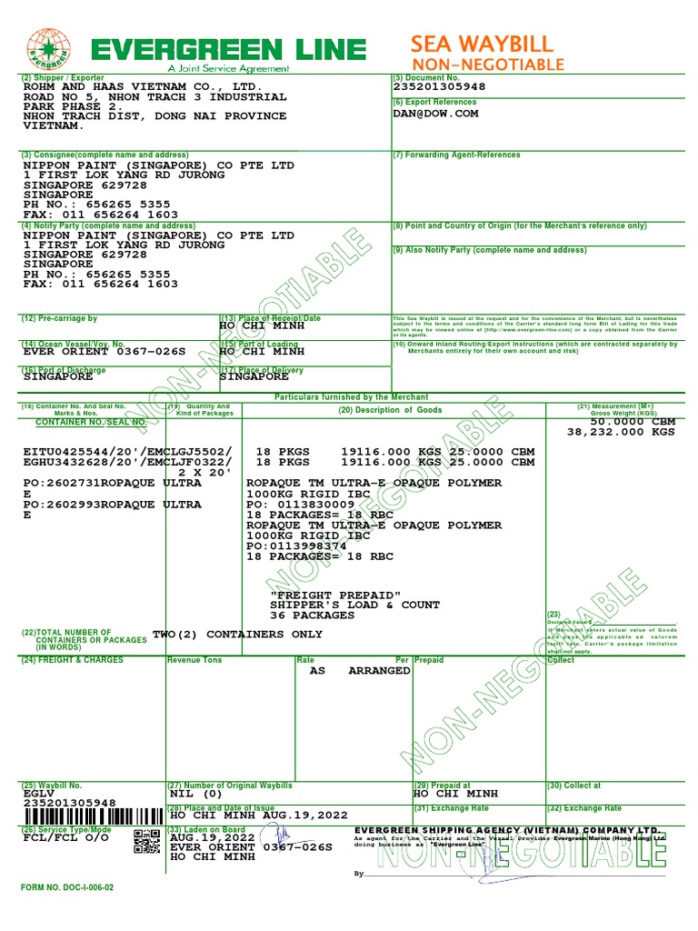 Sea Waybill: Non-Negotiable | PDF | Supply Chain Management | Shipping