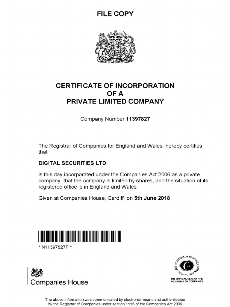Andrew de Canole Digital Securities Certificate of Incorporation | PDF