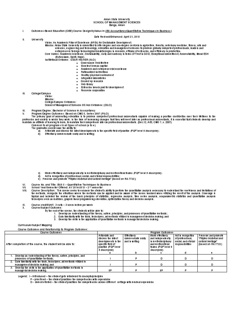 OBE Syllabus BUS 5 Quantitative Techniques To Business | PDF | Forecasting | Decision Making