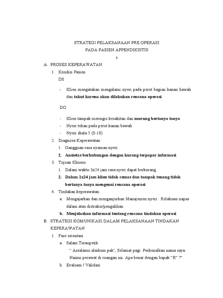 Strategi Keperawatan Pre Operasi Appendiksitis | PDF