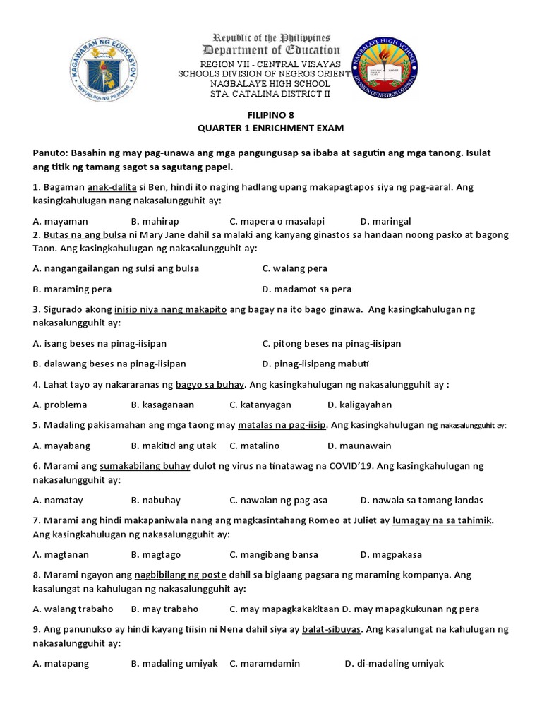 Enrichment Na Pagsusulit Sa Filipino 8 | PDF