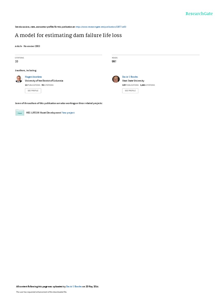 A Model For Estimating Dam Failure Life Loss | PDF | Flood | Risk