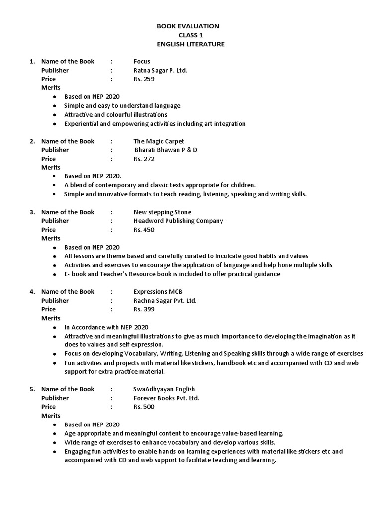 Books Evaluation Class-1 | PDF
