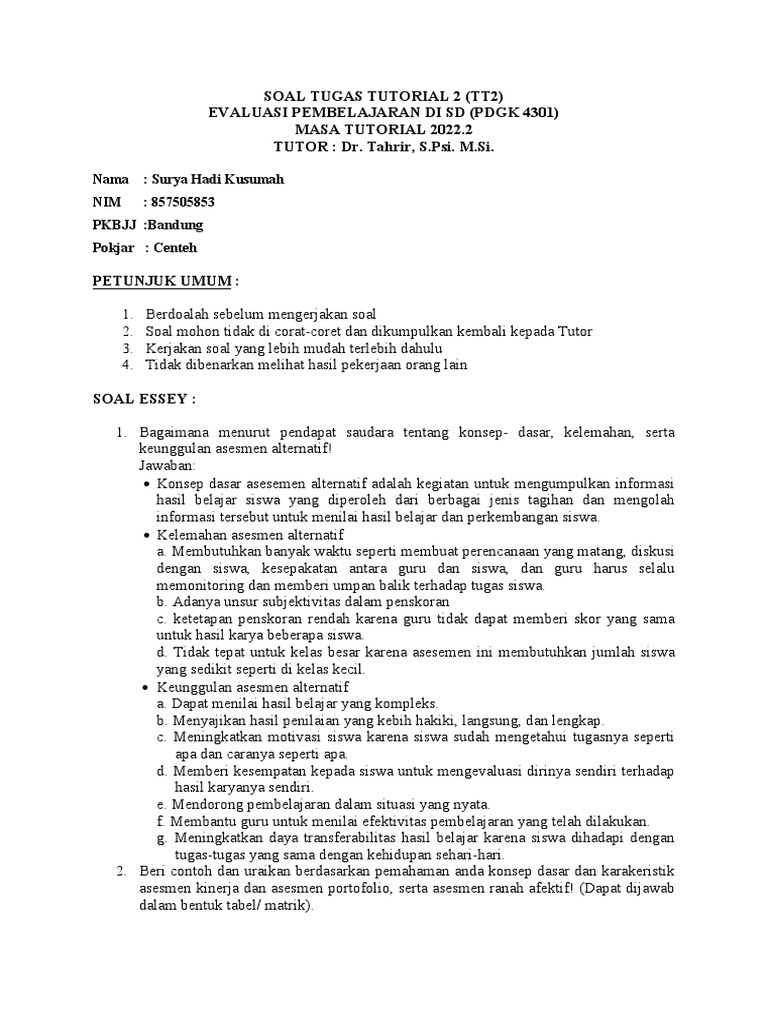 TT2 - Evaluasi Pembelajaran Di SD - Surya Hadi Kusumah - 857505853 | PDF