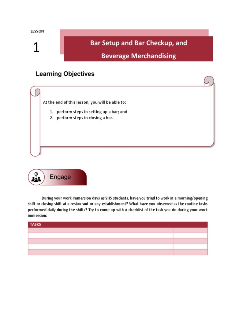 Chapter 2 Lesson 1 Bar Setup and Bar Checkup Lesson 2 Beverage ...