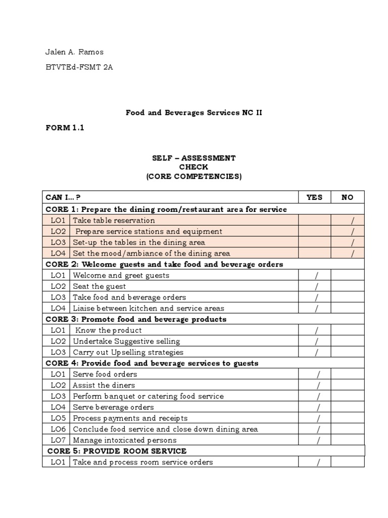 Template Form 1-4 - FBS NC II | PDF | Restaurants | Foodservice